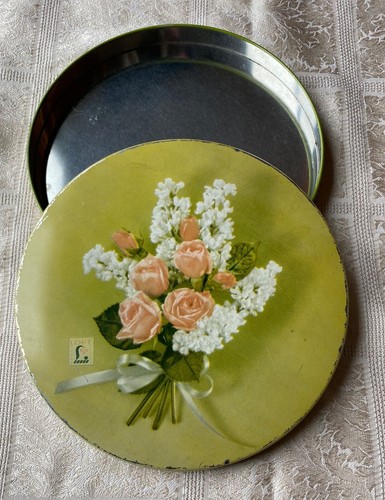 Vintage - Loft's Green Candy Tin 10” Round, Lithograph Pink Roses and ...