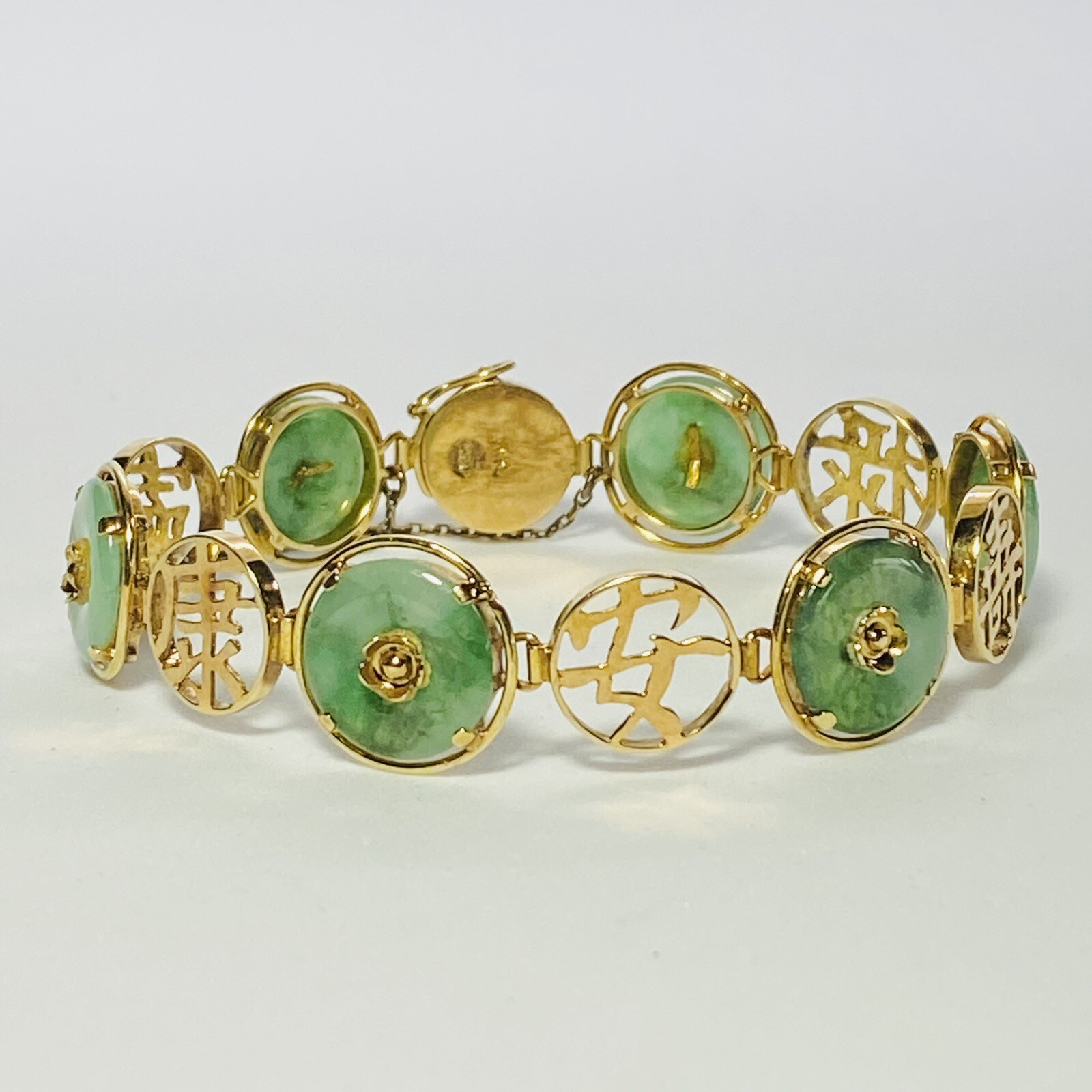 Hong Kong 14K Yellow Gold Chinese Symbols Jade Pi Disc Size 7" Bracelet ...