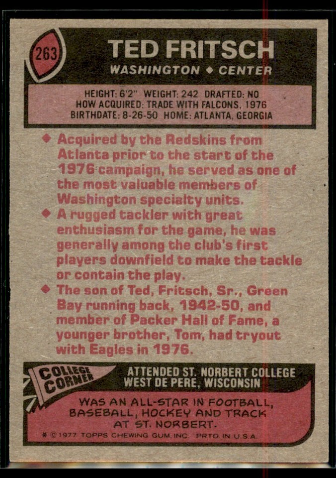 1977 Topps Ted Fritsch Jr. Washington Redskins #263 | eBay
