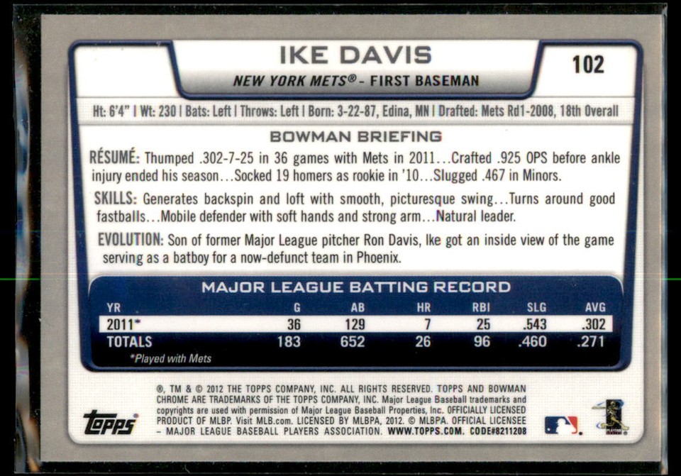 2012 Bowman Chrome Ike Davis #102 New York Mets | eBay