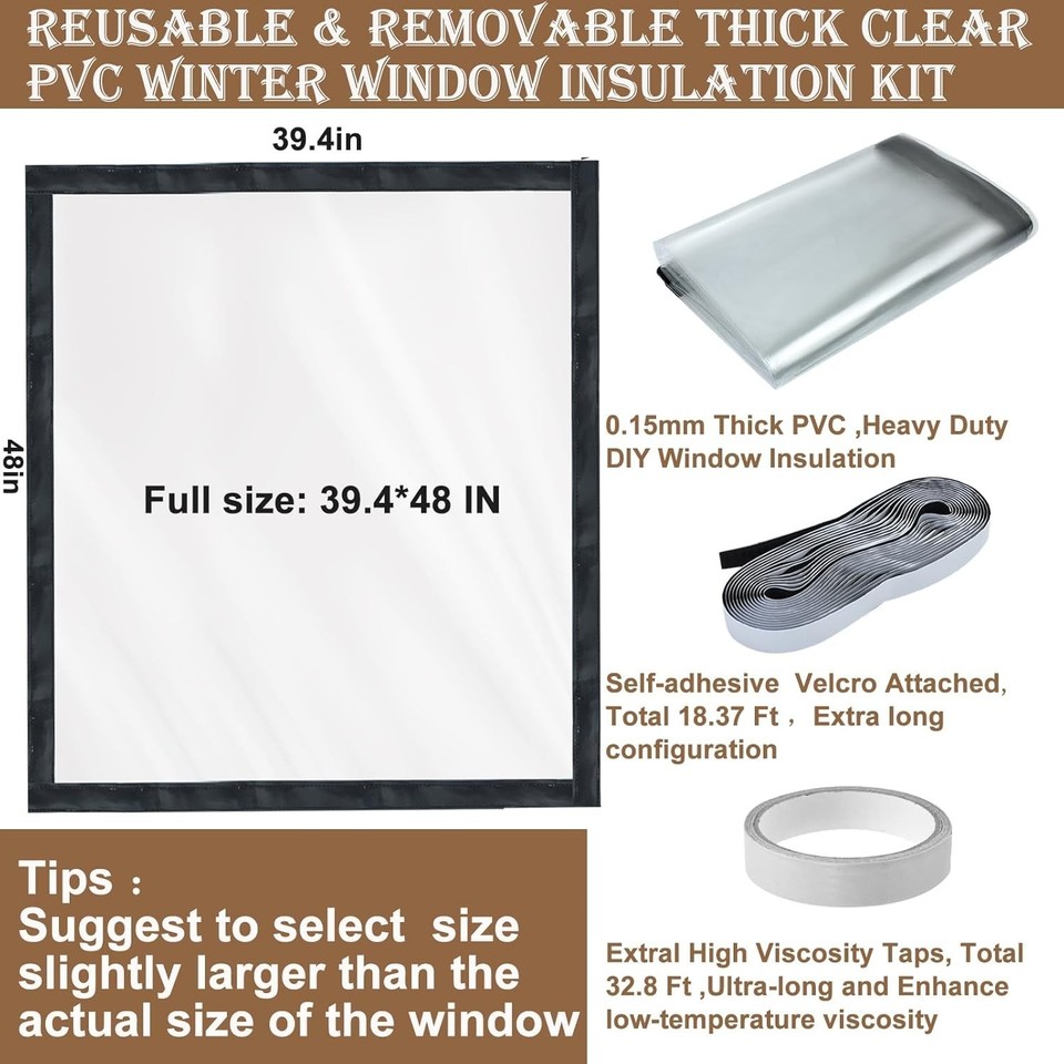Reusable Window Insulation Kit 39x48, Clear Thermal Plastic Cover for ...