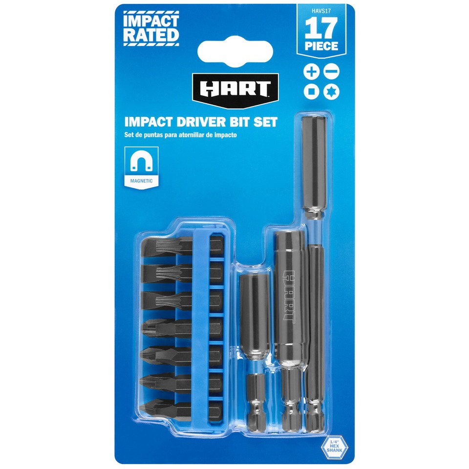 HART 17-Piece IMPACT DRIVER BIT SET Magnetic Bit Holder & 3" Screw ...