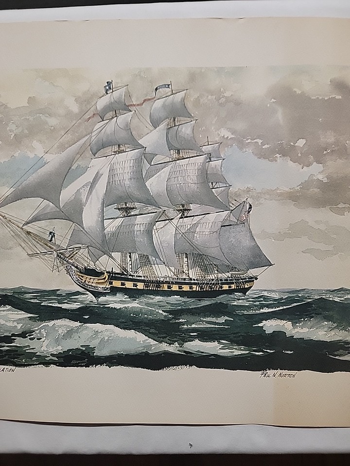 PAUL N. NORTON "U.S.FRIGATE CONSTELLATON" BEAUTFUL VINTAGE COLOR SHIP ...