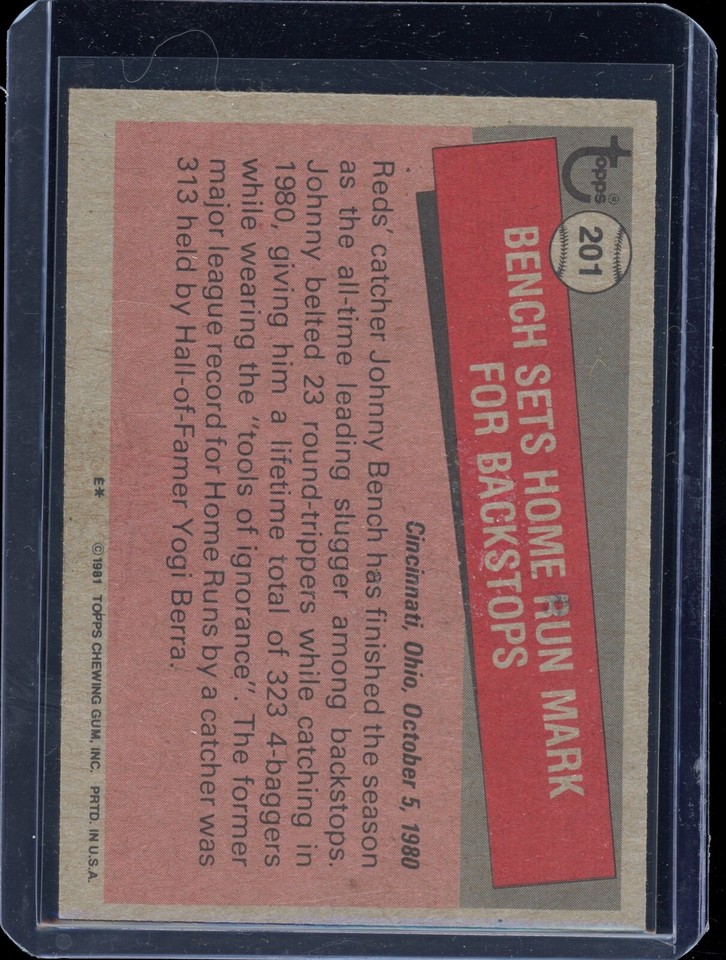 1981 Topps Baseball Card #201 Johnny Bench Cincinnati Reds Record ...