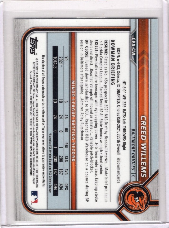 Creed Willems 2022 Bowman Chrome 1st Auto #CPA-CW Baltimore Orioles RC ...
