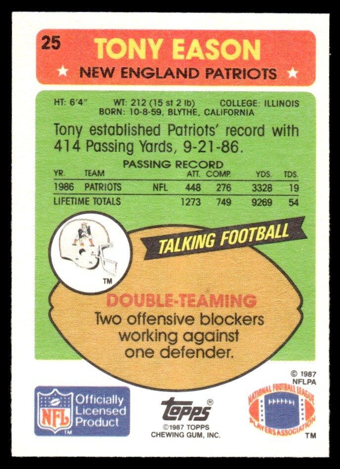 1987 TOPPS AMERICAN/UK TONY EASON E NEW ENGLAND PATRIOTS #25 | eBay