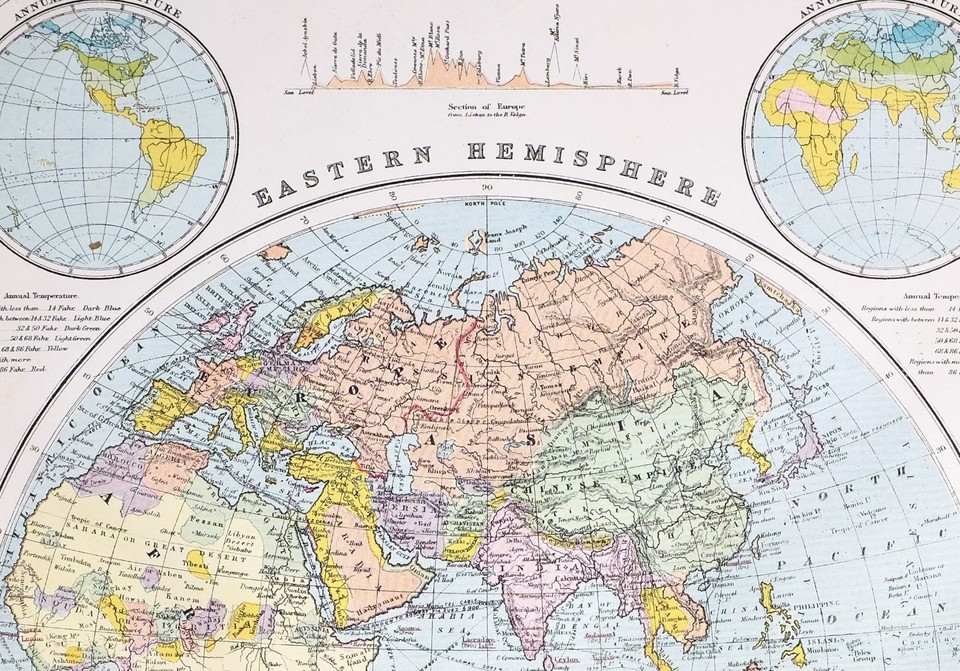 1887 ANTIQUE MAP WORLD EASTERN HEMISPHERE TEMPERATURE VEGEATION EUROPE ...