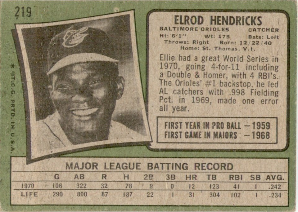 1971 TOPPS ELROD HENDRICKS H BALTIMORE ORIOLES #219 EXMT | eBay