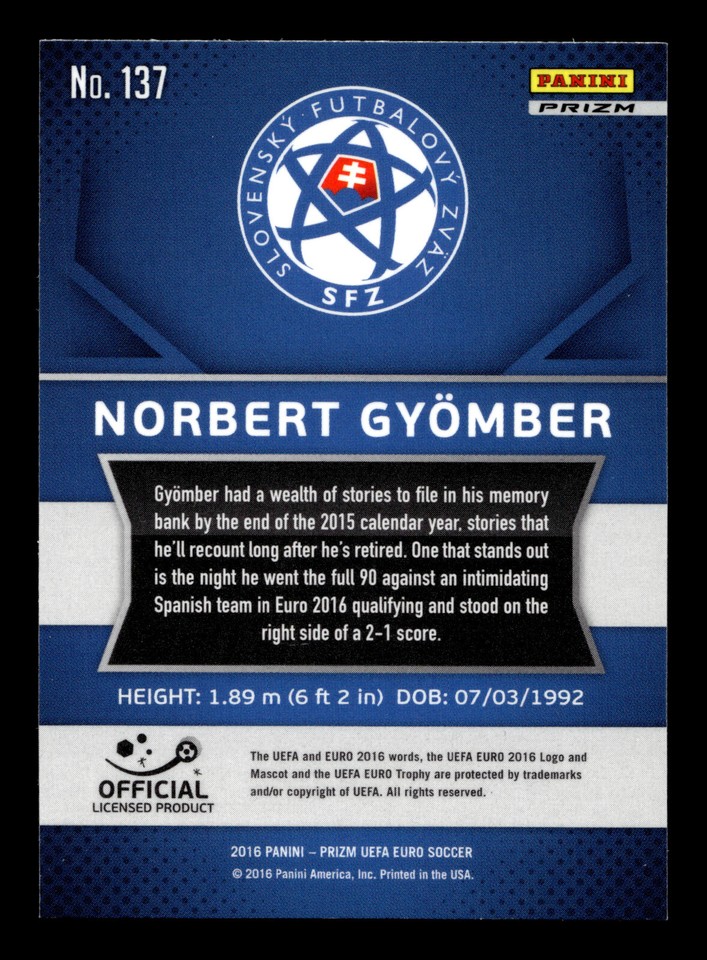2016 Panini Prizm UEFA Euro Red & Light Blue Prizm Norbert Gyomber #137 ...