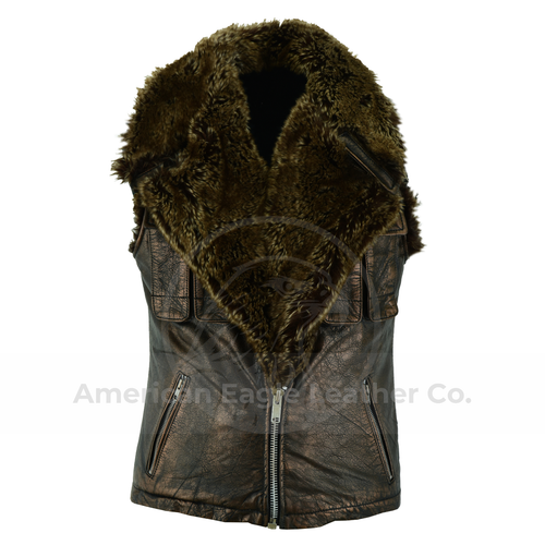 Men's Vintage Brown Leather Vest Genuine Shearling Fur Biker Motorcycle ...