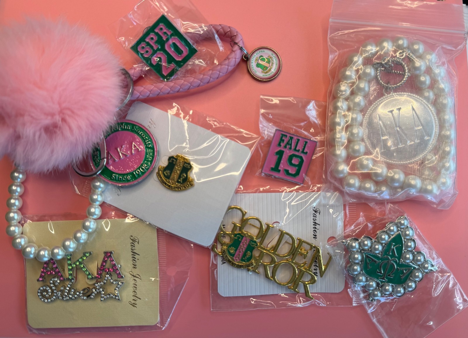 Assortment Of Alpha Kappa Alpha Sorority AKA Lapel Pins Necklace Key ...