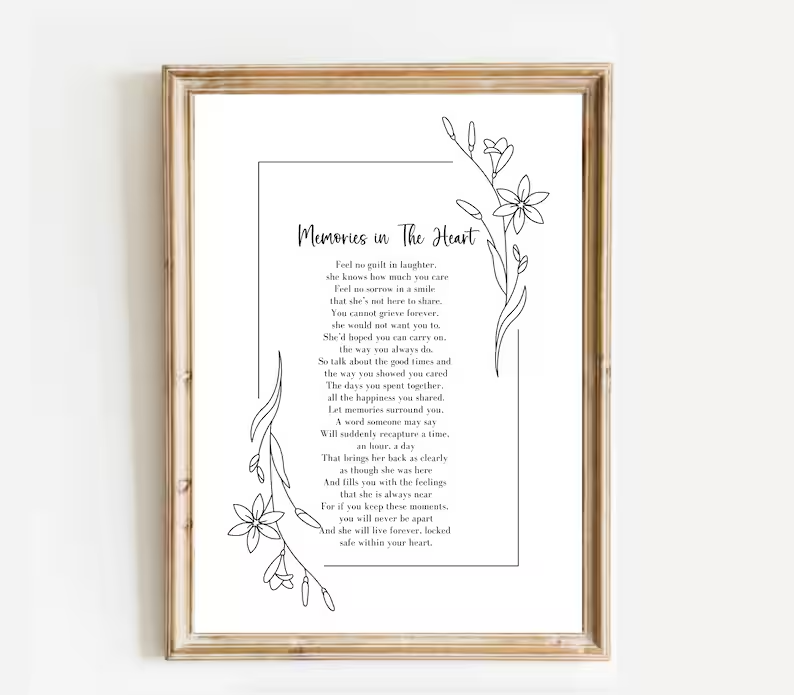 Memories in The Heart Memorial Poem Print: Funeral Poem Sympathy Gifts ...