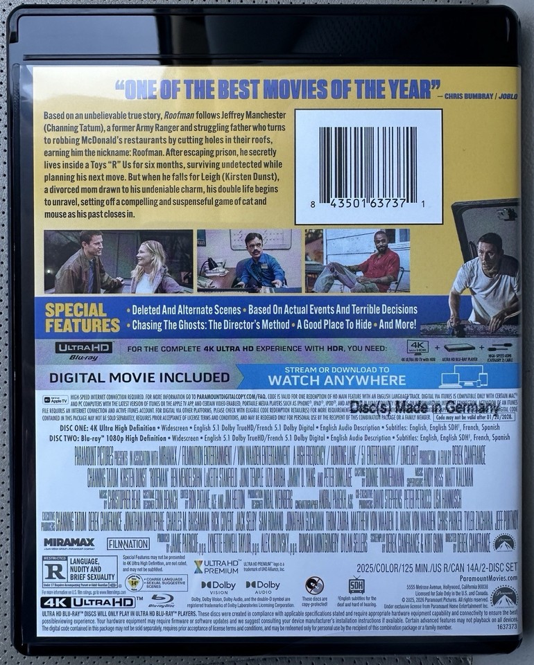 Roofman 4k UHD DISC & Blu Ray Disc Only No Digital Code.Small Scratch ...