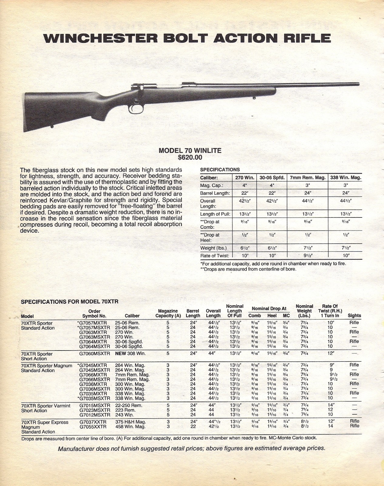 1987 WNCHESTER Model 70 Winlite 70XTR Bolt Action RIFLE AD w/ specs | eBay