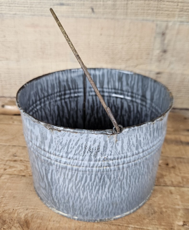Antique Gray Enamel Graniteware Berry Pail Bucket w/handle 5" tall | eBay