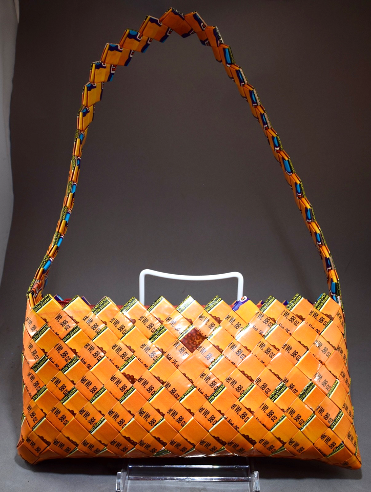 HAND-MADE ORANGE WOVEN CANDY GUM PAPER WRAPPER PURSE BAG MOD FOLK ART ...