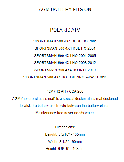 AGM Battery for Polaris Sportsman 500 4X4 HO 2001-2005 2008-2012 | eBay
