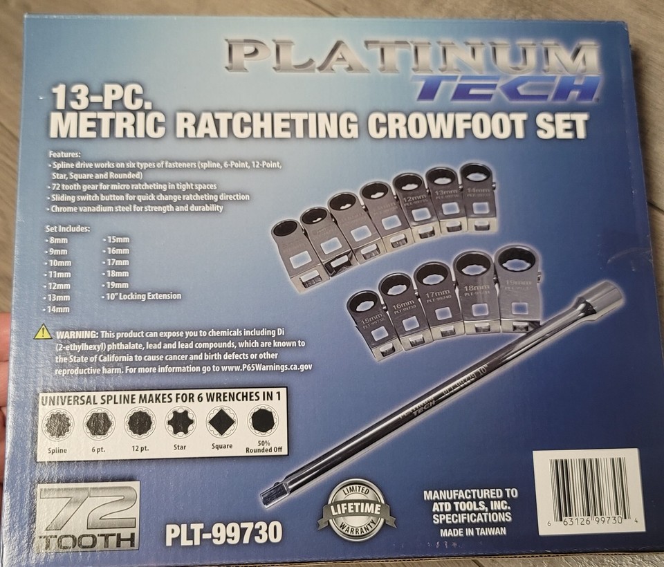 Platinum 13pc Metric Reversible Ratcheting Spline Crowfoot Wrench Set ...