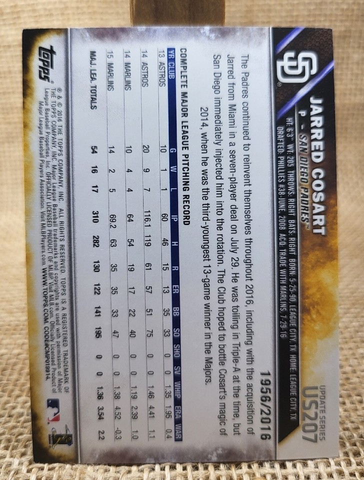 2016 Topps Update Jarred Cosart Gold /2016 Baseball Card US207 Padres ...
