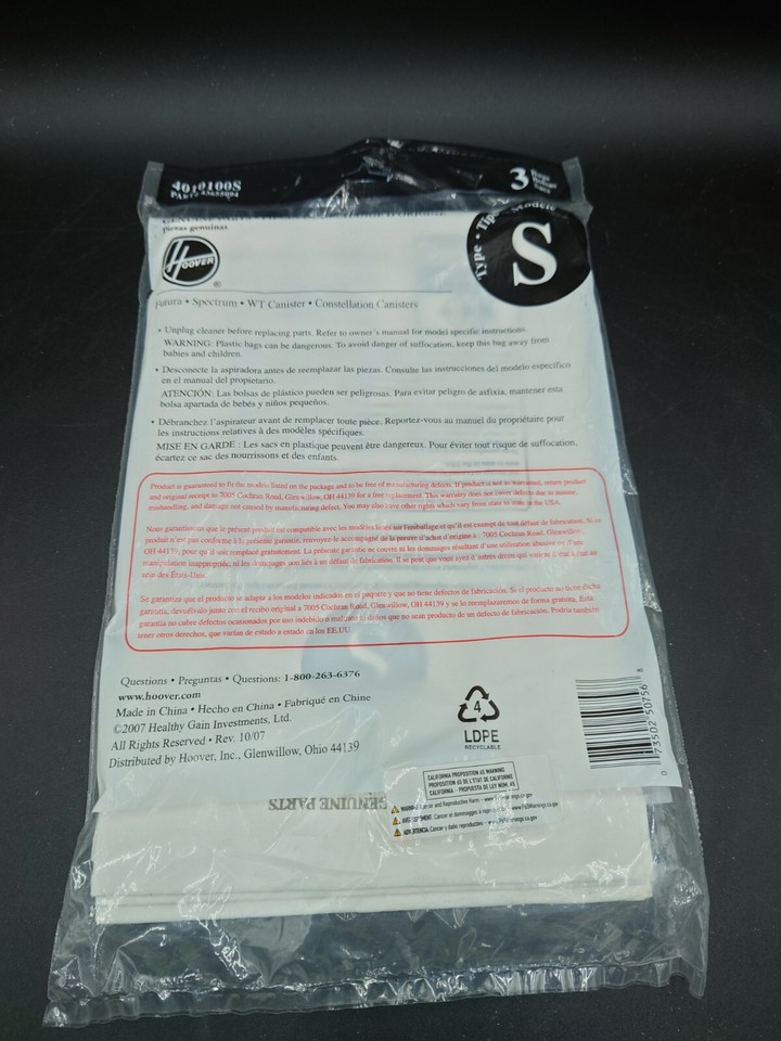 Type S Vacuum bags Fits Hoover Futura Spectrum PowerMax Windtunnel ...