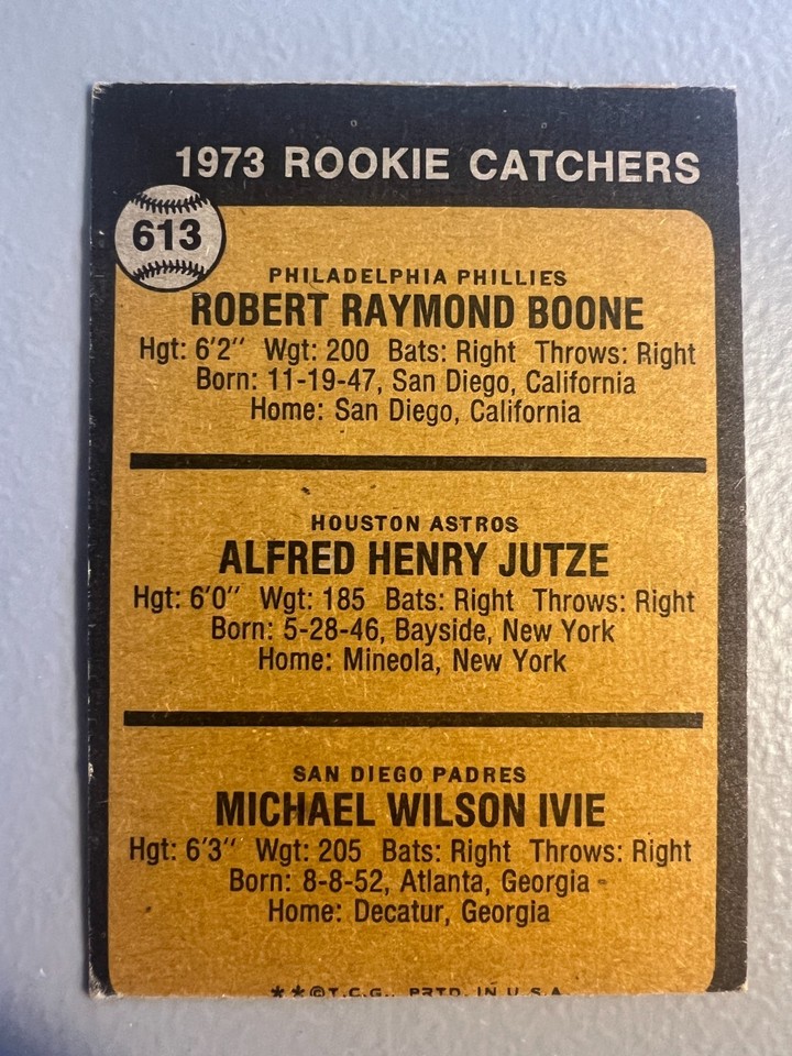 1973 Topps - Rookie Catchers - Bob Boone / Skip Jutze / Mike Ivie #613 ...