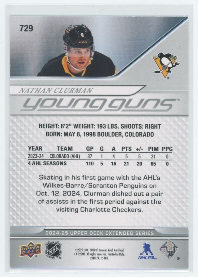2024-25 UD Extended Series Nathan Clurman 729 Young Guns Deluxe RC | eBay