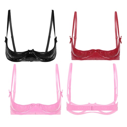 Women PVC Leather Push Up Bra Tops Brassiere Open Cup Half Bralette ...