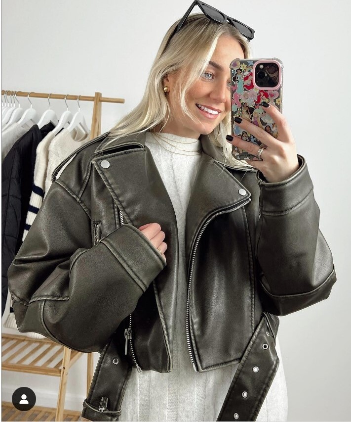 ZARA Molly Mae KHAKI CHARCOAL CROP OVERSIZED BELTED FAUX LEATHER PU ...