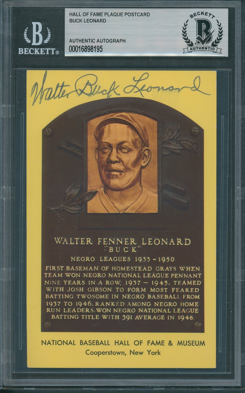 Walter Buck Leonard Signed HOF Plaque Postcard Beckett Authentic ...