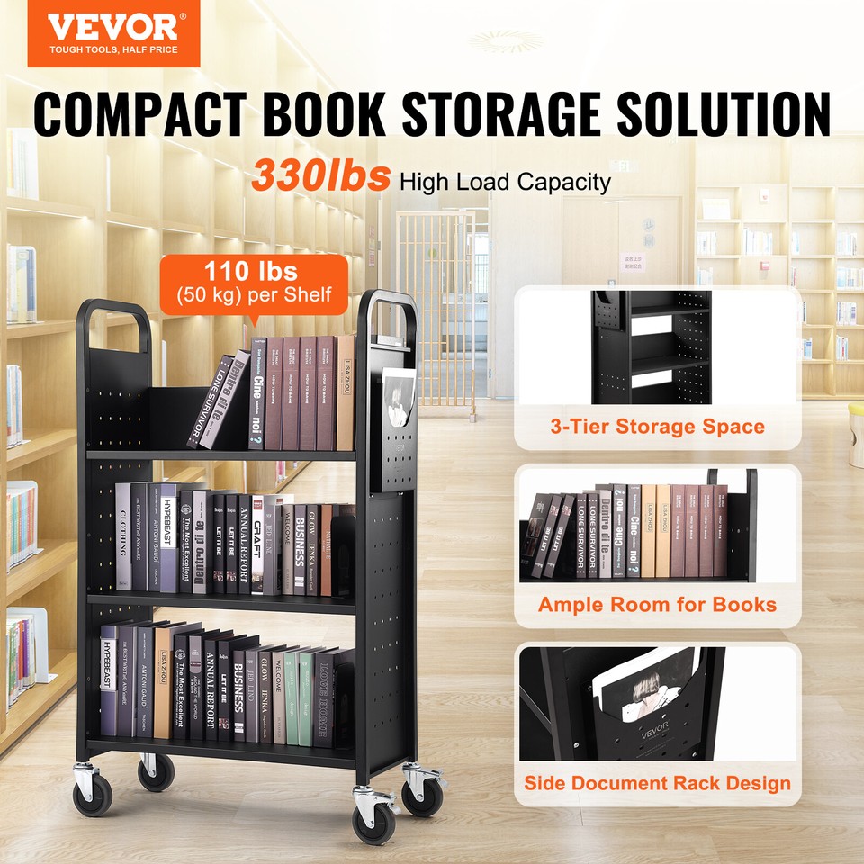 VEVOR Book Cart Library Cart 330 lbs Capacity with L-Shaped Shelves in ...