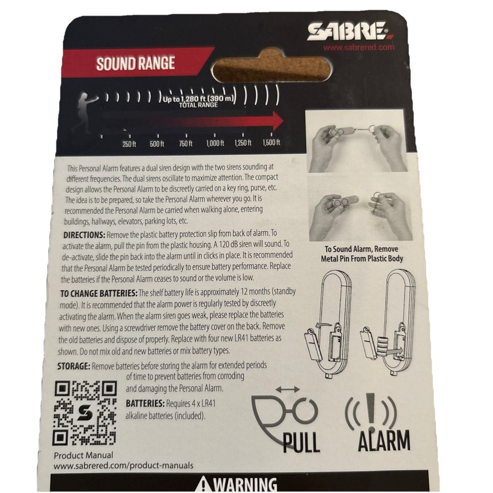 Sabre Personal Alarm w/Dual Siren on Key Ring 120dB Black *NEW & SEALED ...