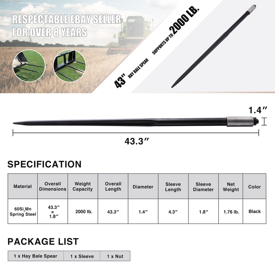 43"49" Square Hay Spike 4500lb Bale Spear Wide Tine Spike Skid Conus ...