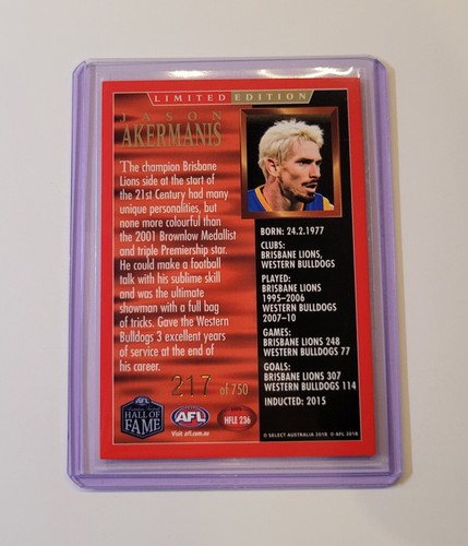2018 AFL SELECT LEGACY HALL OF FAME LIMITED EDITION BRISBANE JASON ...