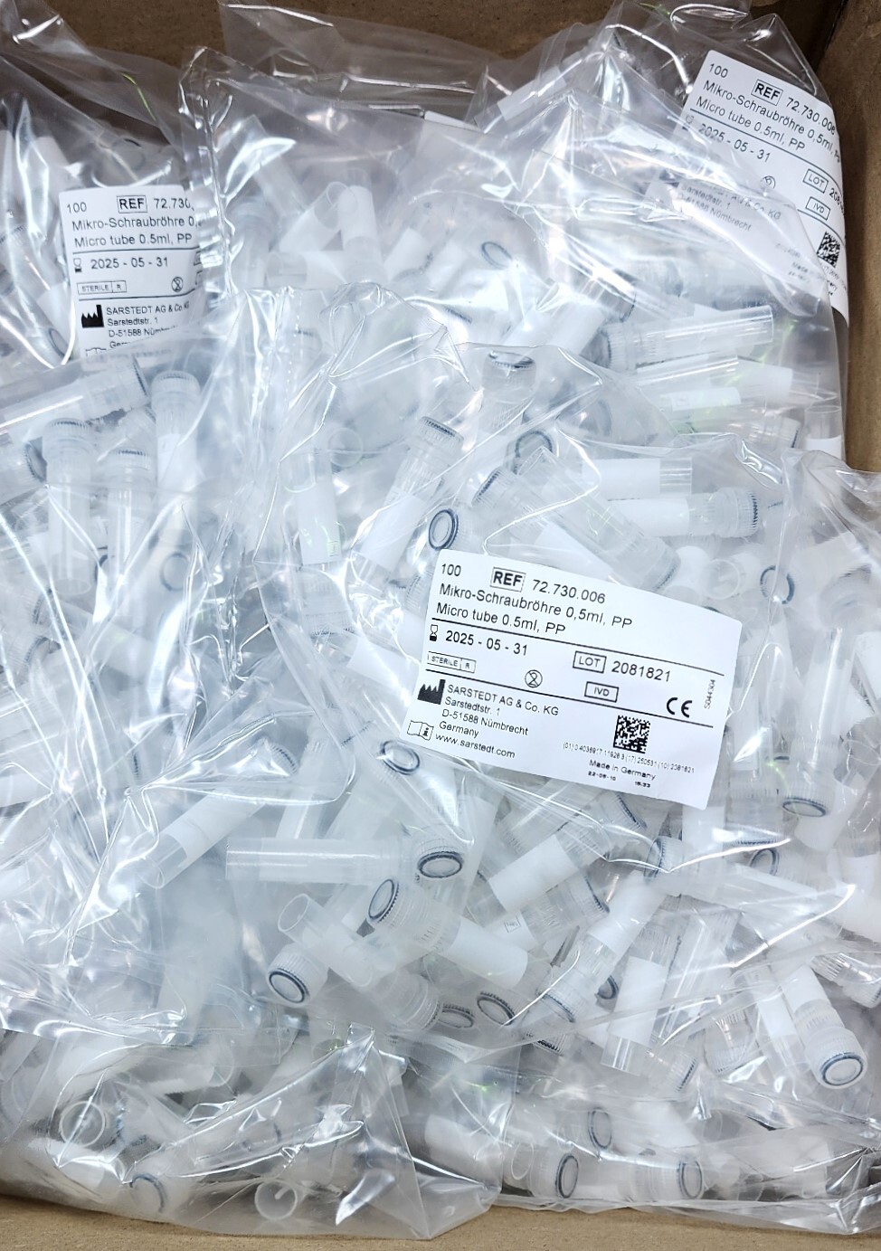 PACK OF 100 SARSTEDT 72.730.006 MICRO TUBE 0.5ML PP SCREW CAPS for sale ...