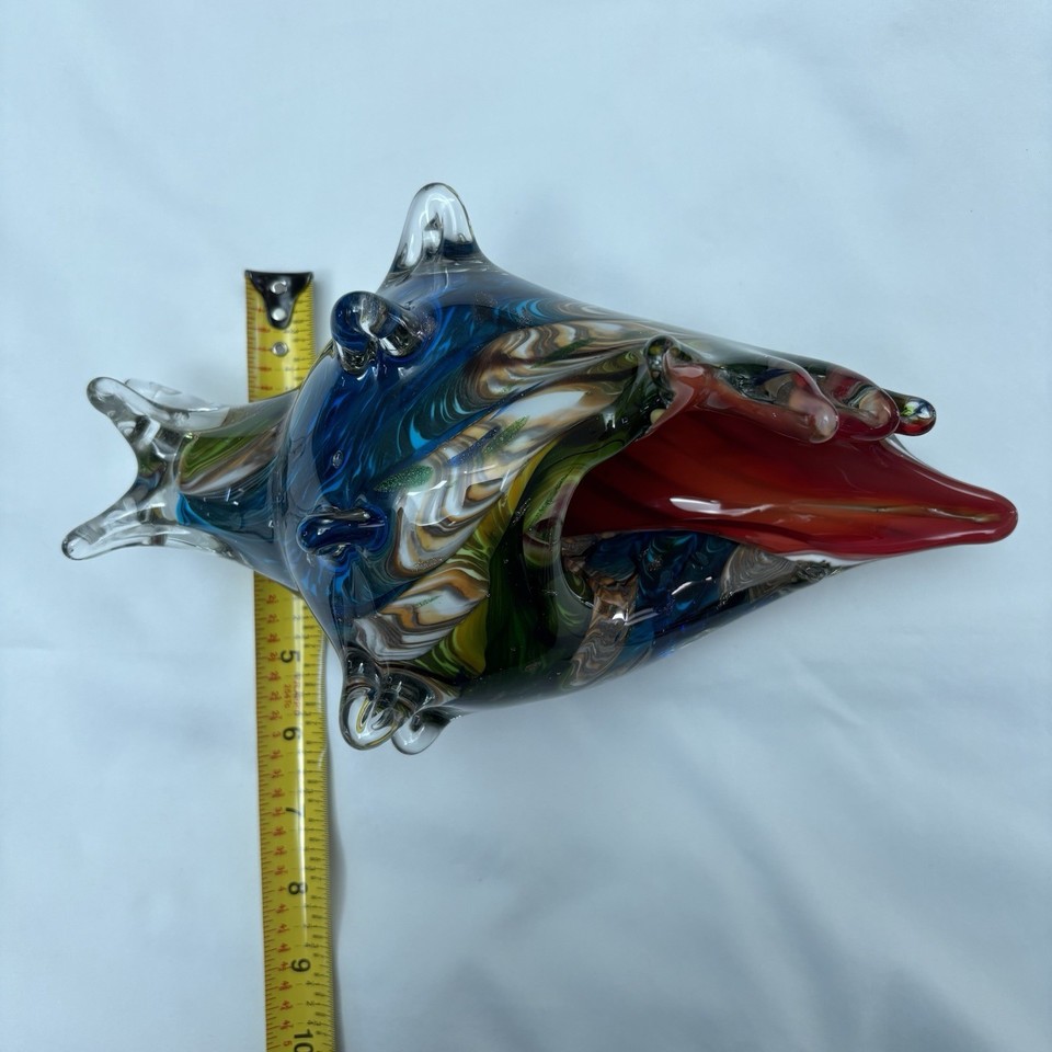 Hand Blown Large Conch Shell Blues Greens Red Interior 11” Beach ...