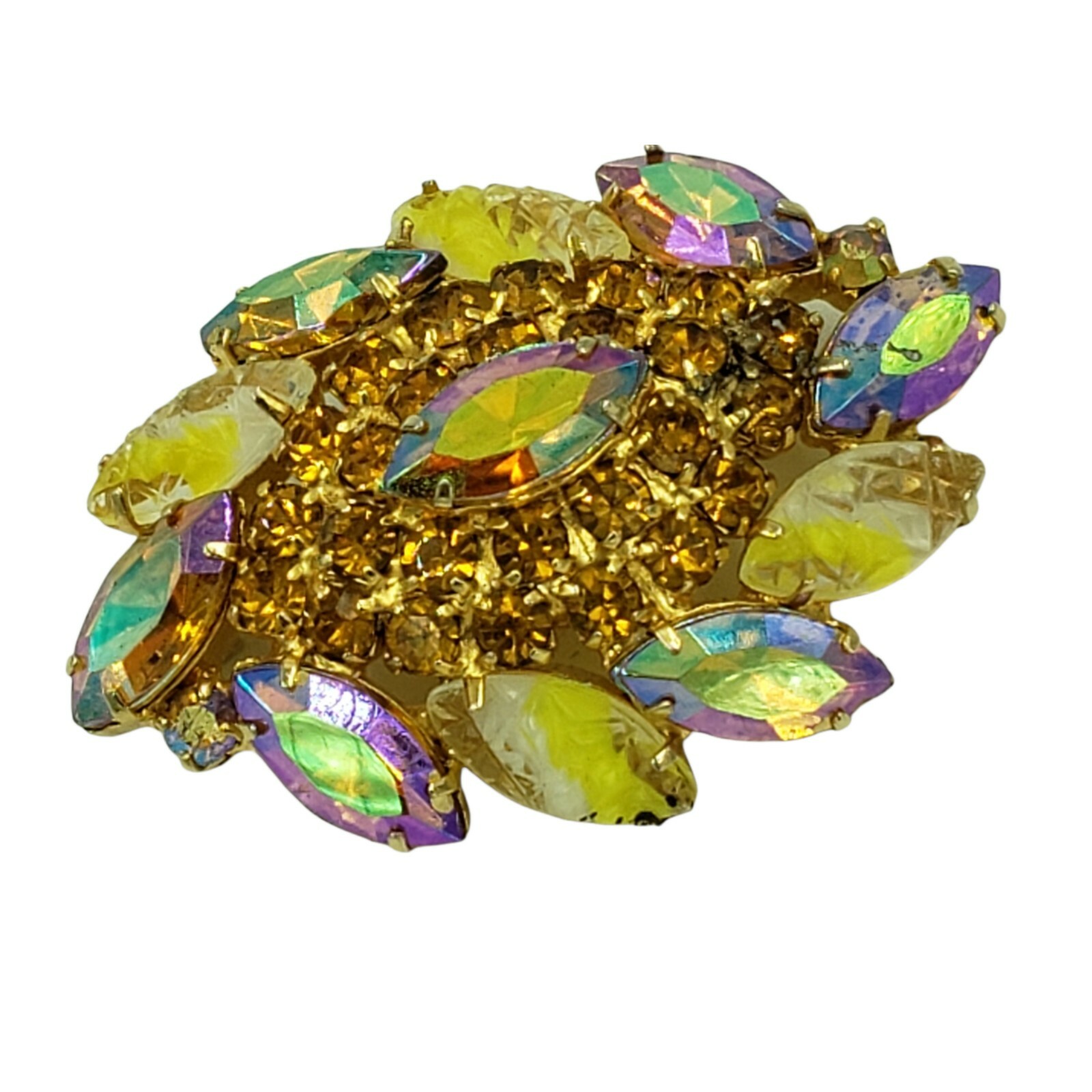 Vintage Yellow Rhinestone Brooch Pin Lava Stone AB Unsigned Mid Century ...