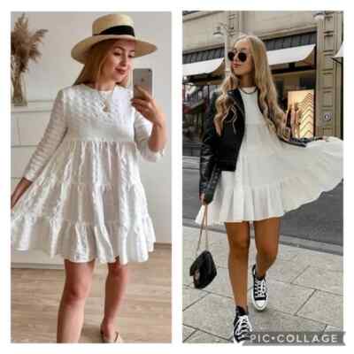 Zara Sharon Viral Shift Dress Womens Small White Textured Tiered 3/4 ...