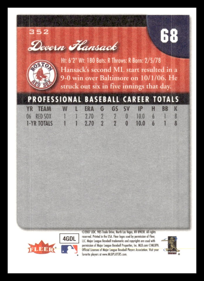 2007 Fleer #352a Devern Hansack thin "B" team logo Red Sox RC Baseball ...