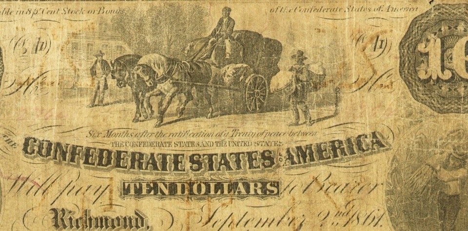 T-23 1861 Confederate States $10 Civil War Banknote Currency, VERY ...