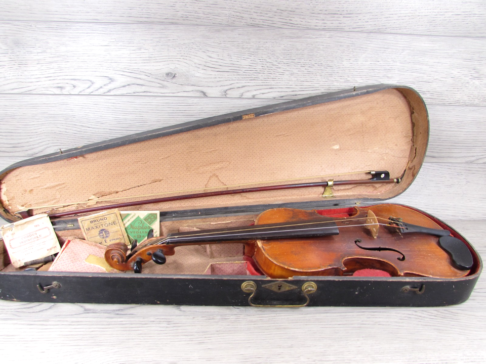 Antique Violin with Bow In Wooden Coffin Case + Parts | eBay