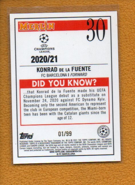 Konrad de la Fuente 2020-21 Topps Merlin Chrome Green Refractor RC #30 ...