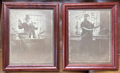 x2 (two) R. Hendrickson prints men fisherman spear harpoon fish fishing ...