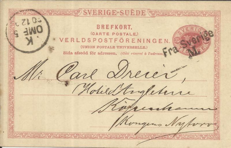 Sweden Postal Card HG:19 "FRA SVERIGE M." ship mail received Copenhagen ...