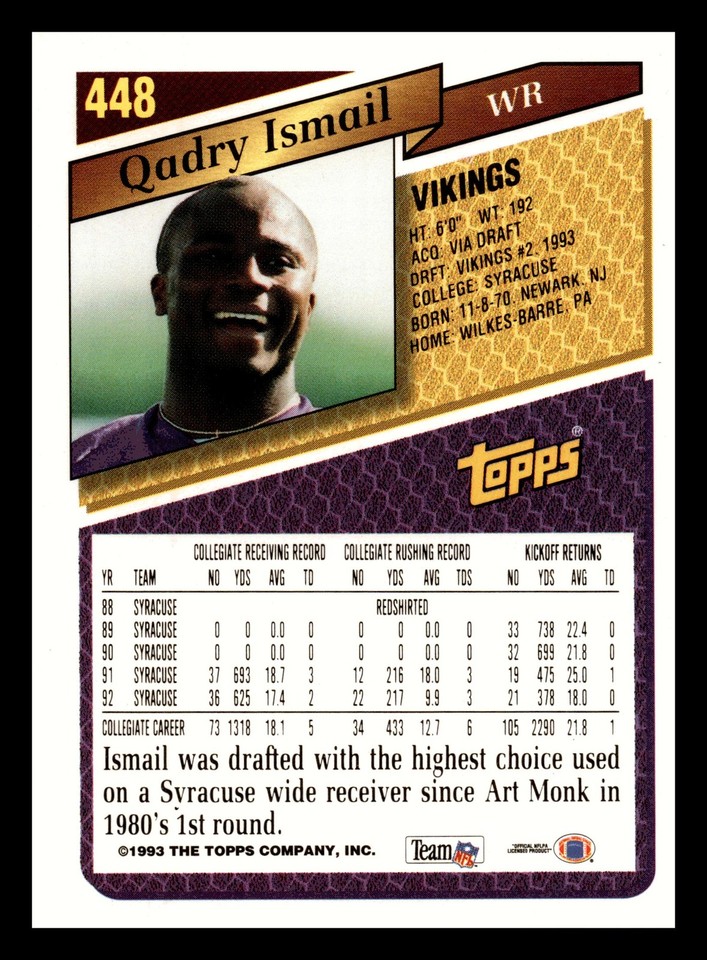 Qadry Ismail RC Rookie 1993 Topps #448 Minnesota Vikings Mint | eBay