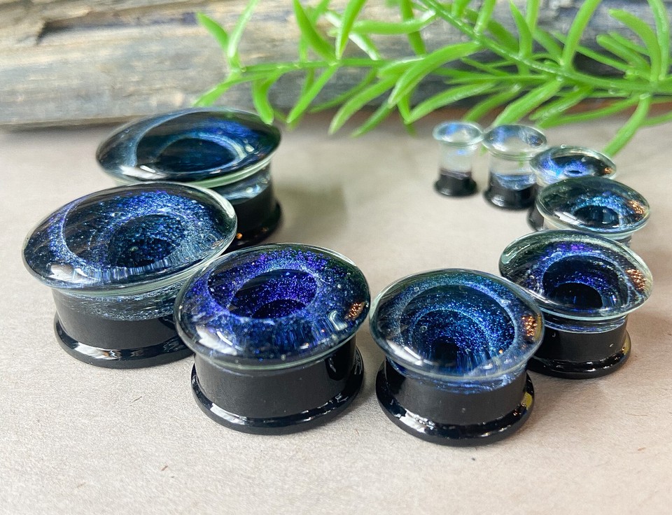 PAIR Blue Vortex Swirl Design Pyrex Glass Plugs Gauges Body Jewelry | eBay