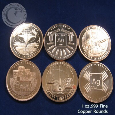 "Safety in Numbers set of 6" Copper Rounds 1 oz .999 READ for designs ...
