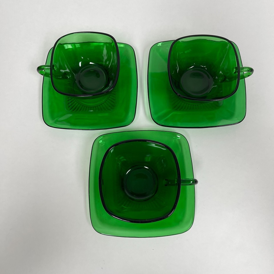 Fire King Anchor Hocking Square Cup & Saucers Charm Forest Green Glass ...