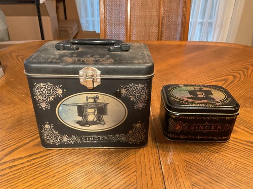 Vtg Singer Sewing Machine Tin Storage Box with Handle & 1 Singer Tin ...
