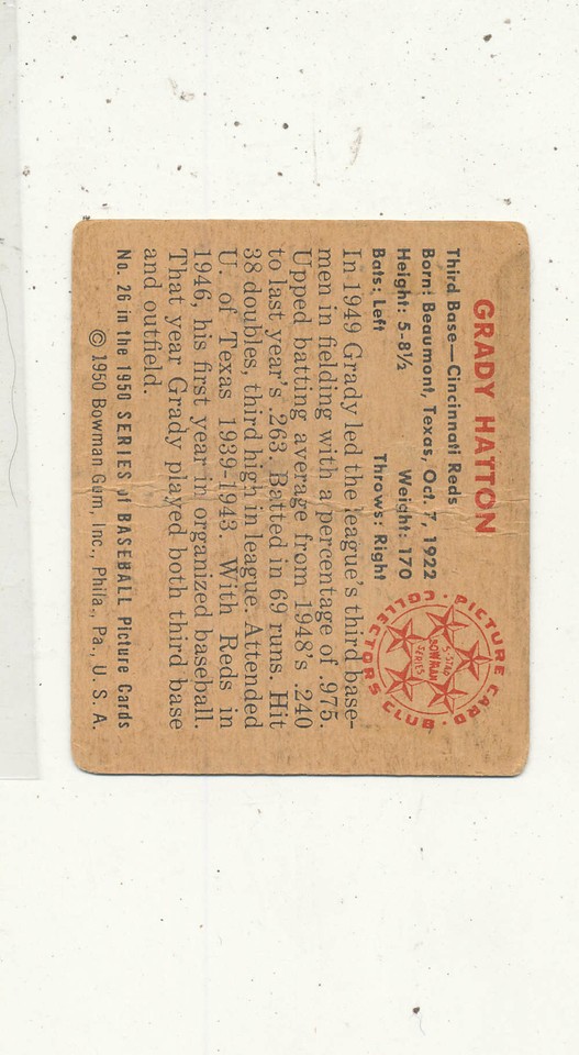 Grady Hatton #26 Cincinnati Reds signed 1950 Bowman Card bbw | eBay