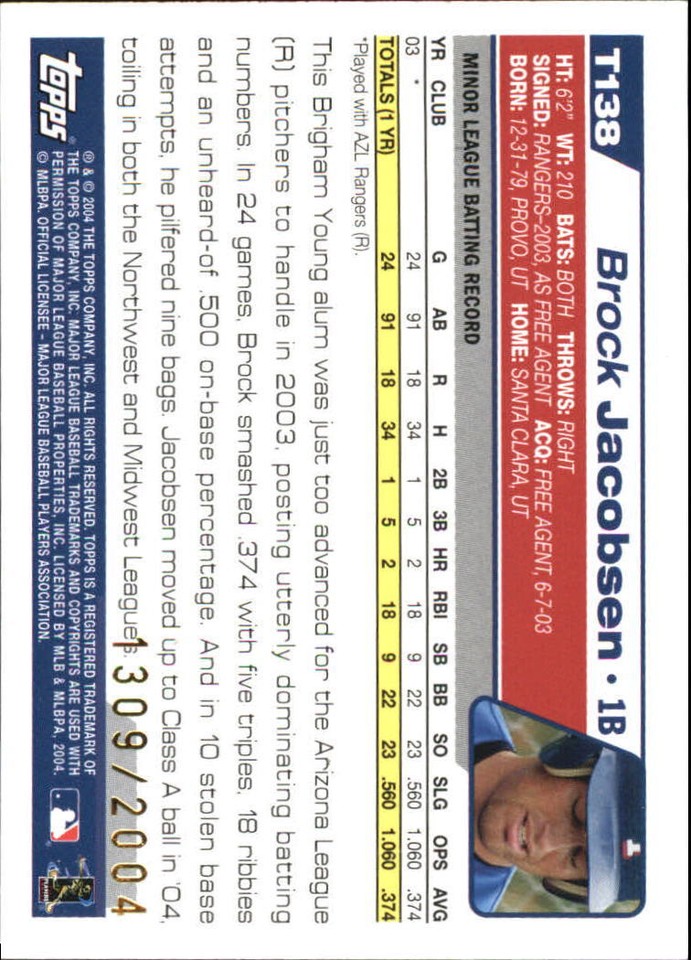 2004 Topps Traded Gold #T138 Brock Jacobsen FY Card /2004 | eBay